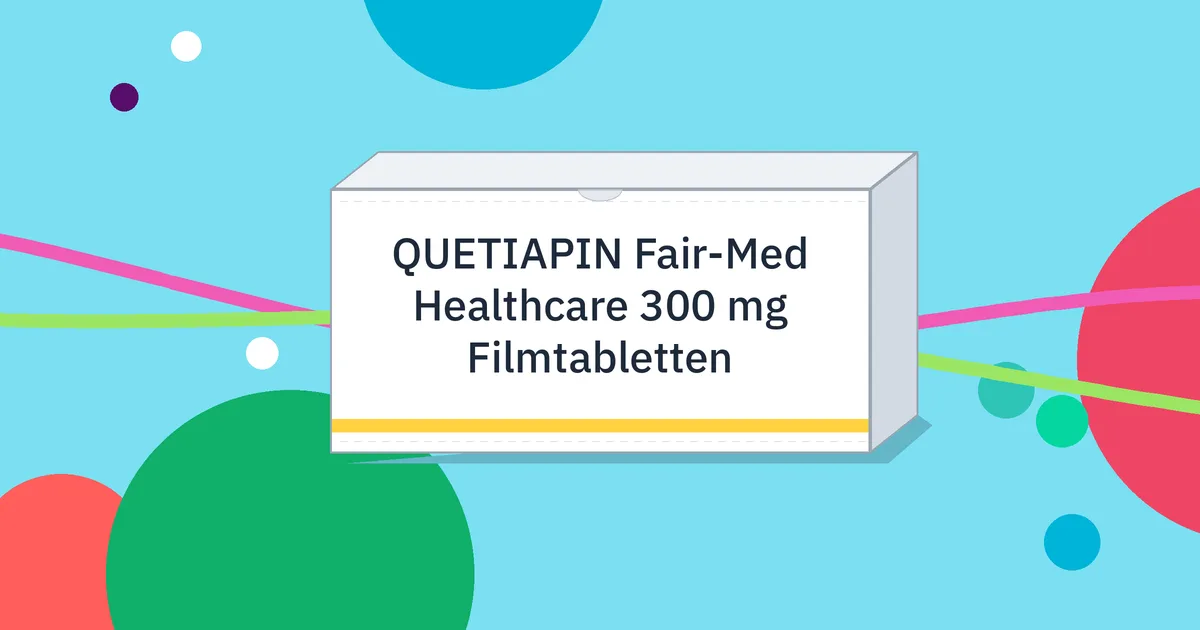 Symbolbild: Packung mit der Aufschrift QUETIAPIN Fair-Med Healthcare 300 mg Filmtabletten (PZN 14167933) – Verfügbarkeit und Bezug in Apotheken in Frankfurt am Main