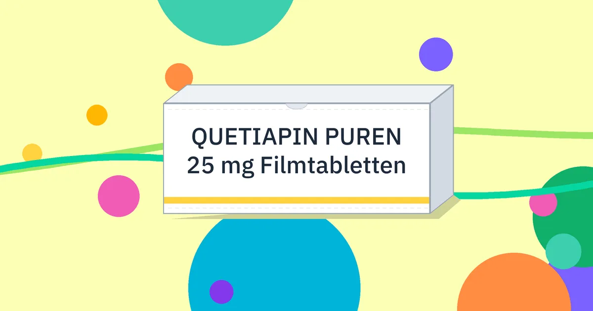 Symbolbild: Packung mit der Aufschrift QUETIAPIN PUREN 25 mg Filmtabletten (PZN 11357403) – Verfügbarkeit und Bezug in Apotheken in Frankfurt am Main
