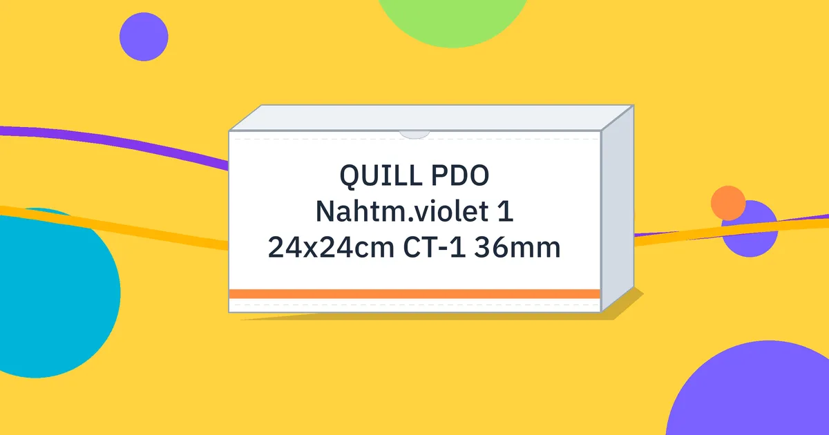 Symbolbild: Packung mit der Aufschrift QUILL PDO Nahtm.violet 1 24x24cm CT-1 36mm (PZN 17989512) – Verfügbarkeit und Bezug in Apotheken in Frankfurt am Main