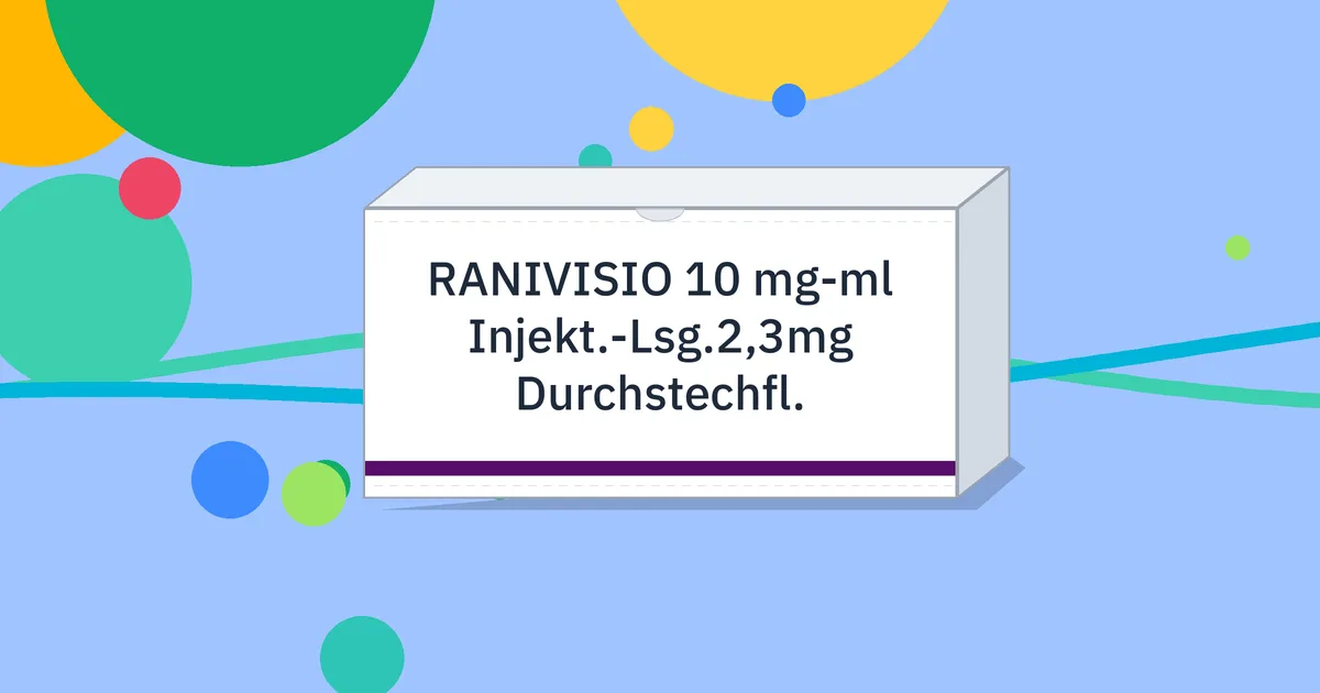 Symbolbild: Packung mit der Aufschrift RANIVISIO 10 mg-ml Injekt.-Lsg.2,3mg Durchstechfl. (PZN 17946164) – Verfügbarkeit und Bezug in Apotheken in Frankfurt am Main