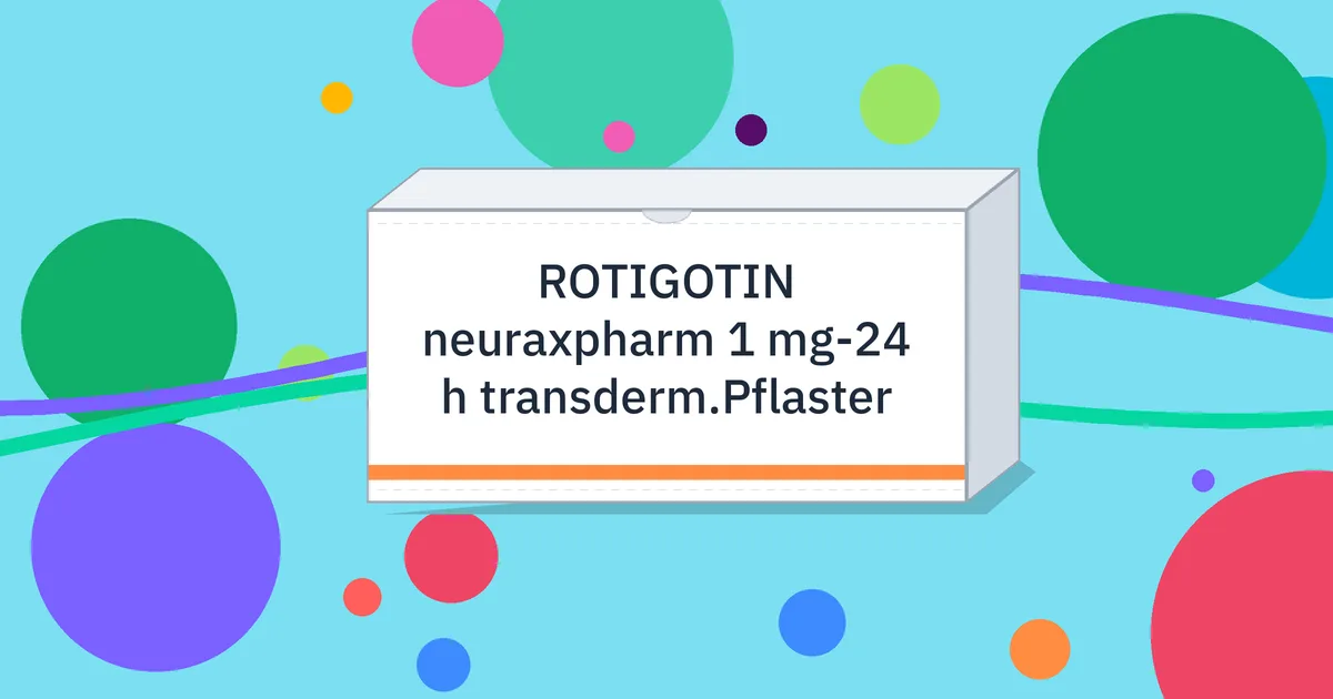 Symbolbild: Packung mit der Aufschrift ROTIGOTIN neuraxpharm 1 mg-24 h transderm.Pflaster (PZN 18369728) – Verfügbarkeit und Bezug in Apotheken in Frankfurt am Main