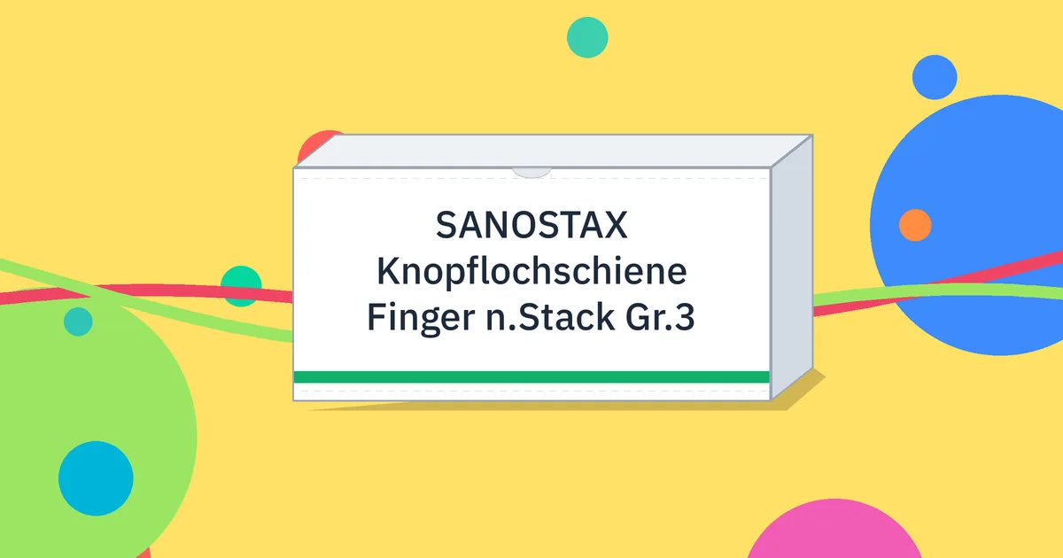 Symbolbild: Packung mit der Aufschrift SANOSTAX Knopflochschiene Finger n.Stack Gr.3 (PZN 15999972) – Verfügbarkeit und Bezug in Apotheken in Frankfurt am Main