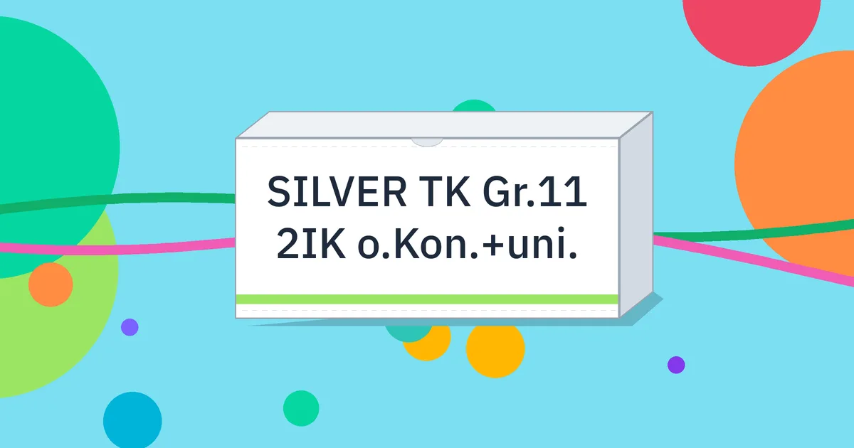 Symbolbild: Packung mit der Aufschrift SILVER TK Gr.11 2IK o.Kon.+uni. (PZN 10209876) – Verfügbarkeit und Bezug in Apotheken in Frankfurt am Main