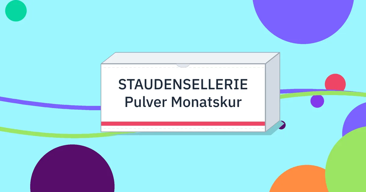 Symbolbild: Packung mit der Aufschrift STAUDENSELLERIE Pulver Monatskur (PZN 16242283) – Verfügbarkeit und Bezug in Apotheken in Frankfurt am Main