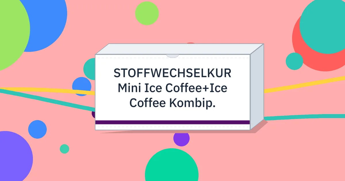 Symbolbild: Packung mit der Aufschrift STOFFWECHSELKUR Mini Ice Coffee+Ice Coffee Kombip. (PZN 14044573) – Verfügbarkeit und Bezug in Apotheken in Frankfurt am Main