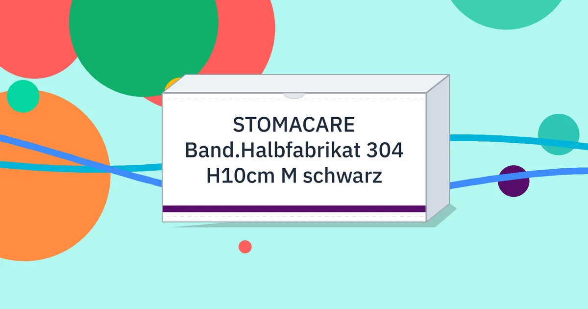 Symbolbild: Packung mit der Aufschrift STOMACARE Band.Halbfabrikat 304 H10cm M schwarz (PZN 10841232) – Verfügbarkeit und Bezug in Apotheken in Frankfurt am Main