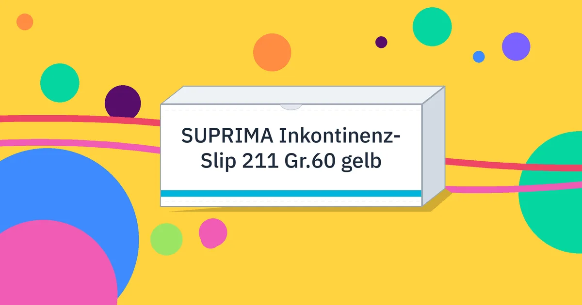 Symbolbild: Packung mit der Aufschrift SUPRIMA Inkontinenz-Slip 211 Gr.60 gelb (PZN 00708733) – Verfügbarkeit und Bezug in Apotheken in Frankfurt am Main
