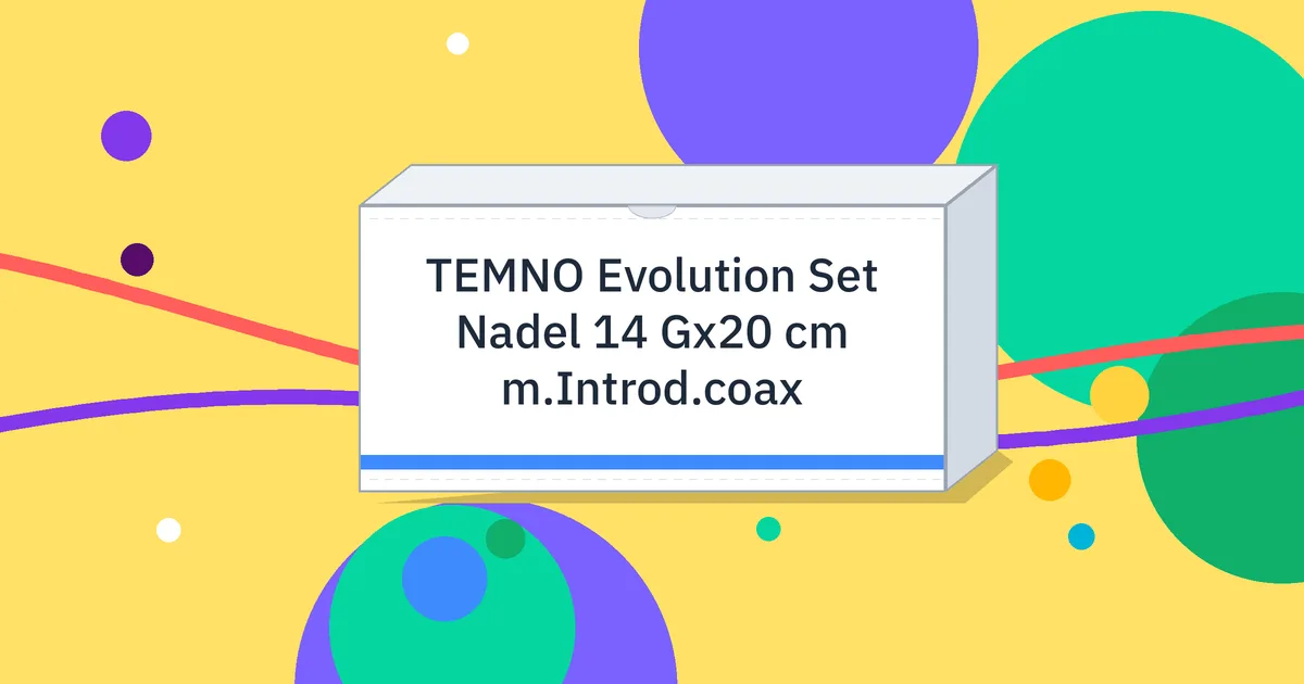 Symbolbild: Packung mit der Aufschrift TEMNO Evolution Set Nadel 14 Gx20 cm m.Introd.coax (PZN 18765996) – Verfügbarkeit und Bezug in Apotheken in Frankfurt am Main