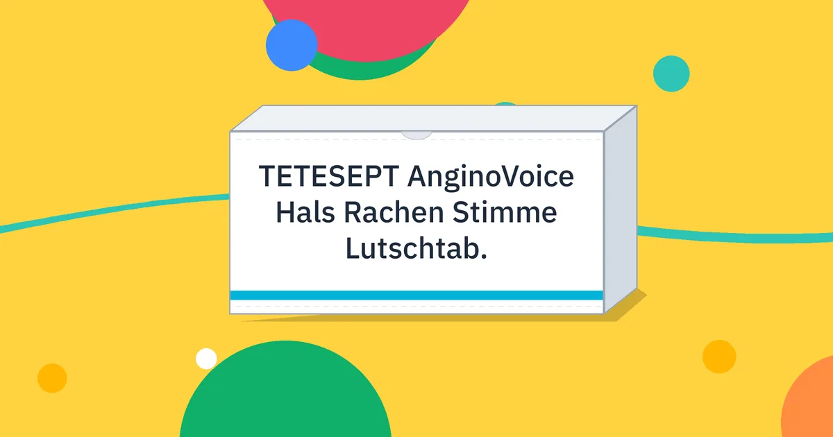 Symbolbild: Packung mit der Aufschrift TETESEPT AnginoVoice Hals Rachen Stimme Lutschtab. (PZN 14161586) – Verfügbarkeit und Bezug in Apotheken in Frankfurt am Main