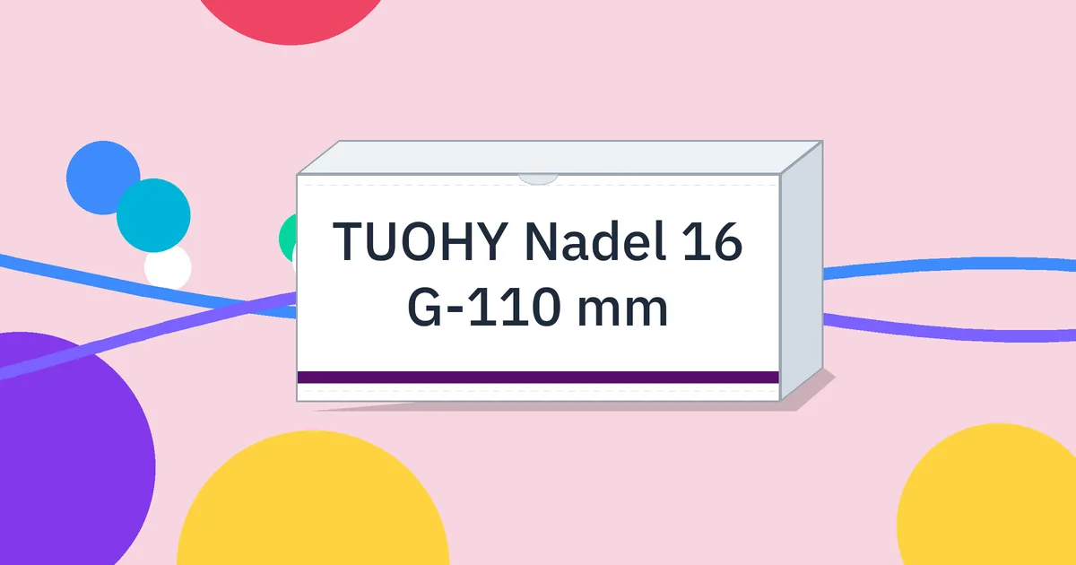 Symbolbild: Packung mit der Aufschrift TUOHY Nadel 16 G-110 mm (PZN 02380461) – Verfügbarkeit und Bezug in Apotheken in Frankfurt am Main