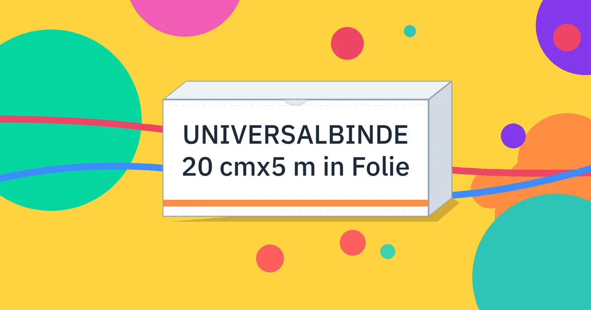 Symbolbild: Packung mit der Aufschrift UNIVERSALBINDE 20 cmx5 m in Folie (PZN 01628373) – Verfügbarkeit und Bezug in Apotheken in Frankfurt am Main