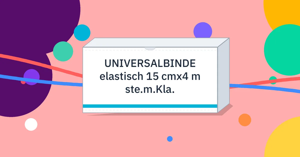 Symbolbild: Packung mit der Aufschrift UNIVERSALBINDE elastisch 15 cmx4 m ste.m.Kla. (PZN 06932087) – Verfügbarkeit und Bezug in Apotheken in Frankfurt am Main