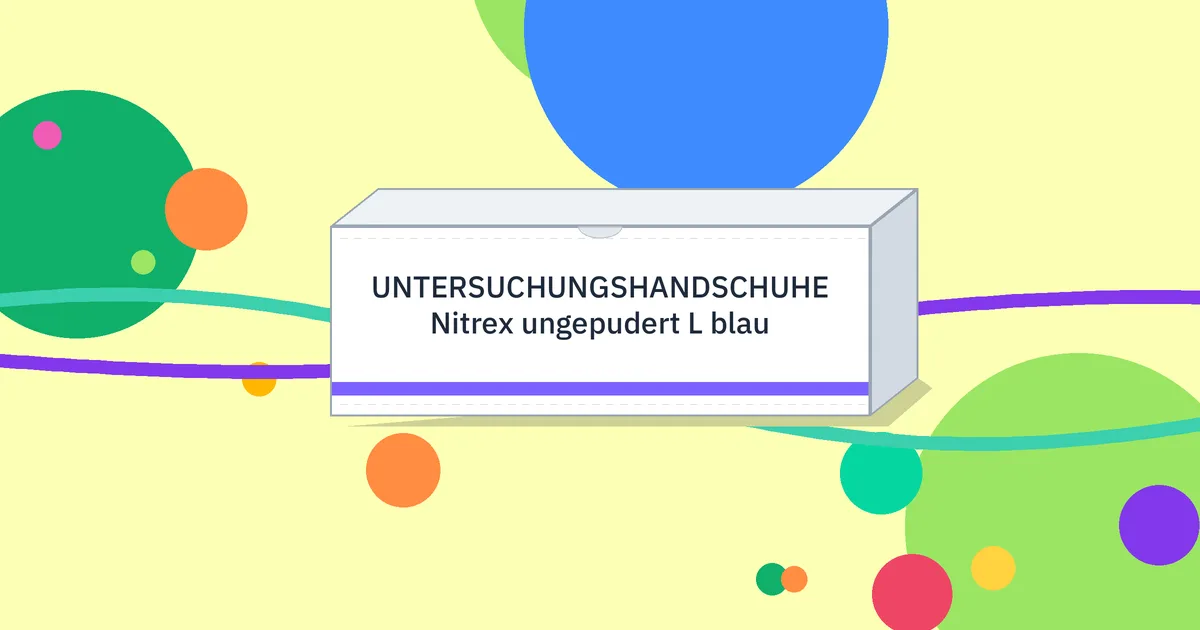 Symbolbild: Packung mit der Aufschrift UNTERSUCHUNGSHANDSCHUHE Nitrex ungepudert L blau (PZN 16878779) – Verfügbarkeit und Bezug in Apotheken in Frankfurt am Main