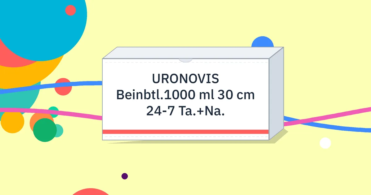 Symbolbild: Packung mit der Aufschrift URONOVIS Beinbtl.1000 ml 30 cm 24-7 Ta.+Na. (PZN 04888525) – Verfügbarkeit und Bezug in Apotheken in Frankfurt am Main