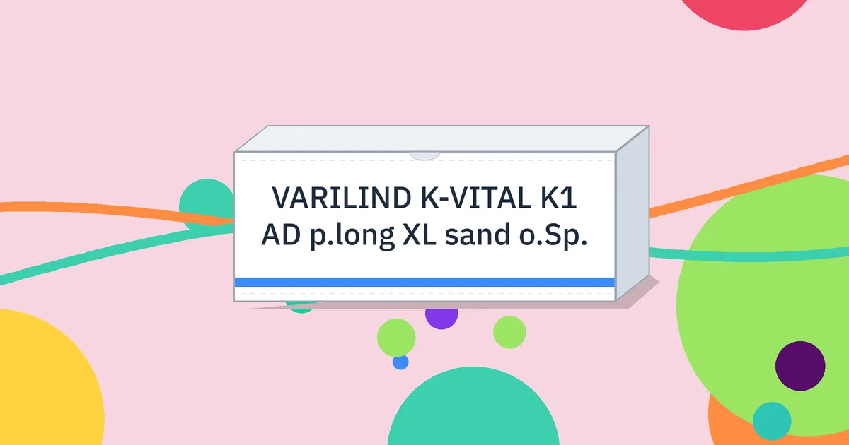 Symbolbild: Packung mit der Aufschrift VARILIND K-VITAL K1 AD p.long XL sand o.Sp. (PZN 20566175) – Verfügbarkeit und Bezug in Apotheken in Frankfurt am Main