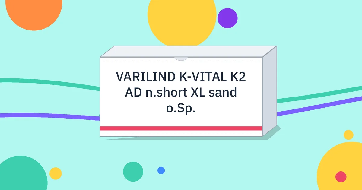 Symbolbild: Packung mit der Aufschrift VARILIND K-VITAL K2 AD n.short XL sand o.Sp. (PZN 20567588) – Verfügbarkeit und Bezug in Apotheken in Frankfurt am Main