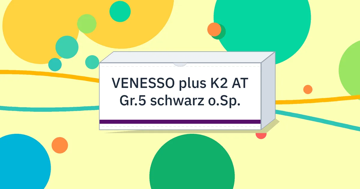 Symbolbild: Packung mit der Aufschrift VENESSO plus K2 AT Gr.5 schwarz o.Sp. (PZN 03288817) – Verfügbarkeit und Bezug in Apotheken in Frankfurt am Main