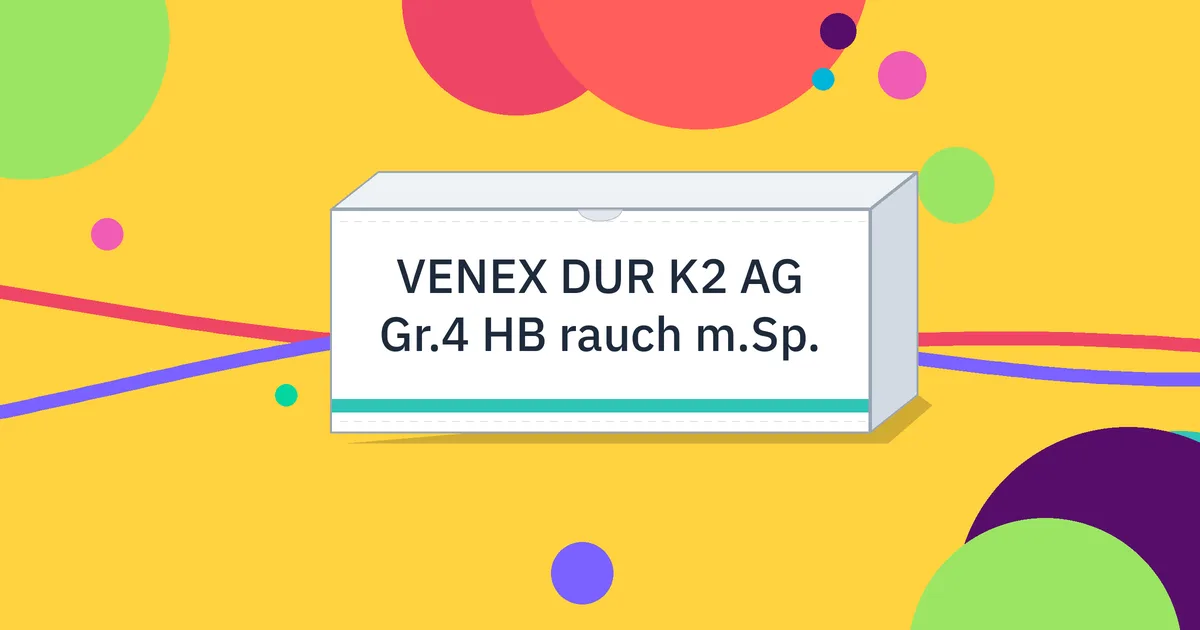 Symbolbild: Packung mit der Aufschrift VENEX DUR K2 AG Gr.4 HB rauch m.Sp. (PZN 03218254) – Verfügbarkeit und Bezug in Apotheken in Frankfurt am Main