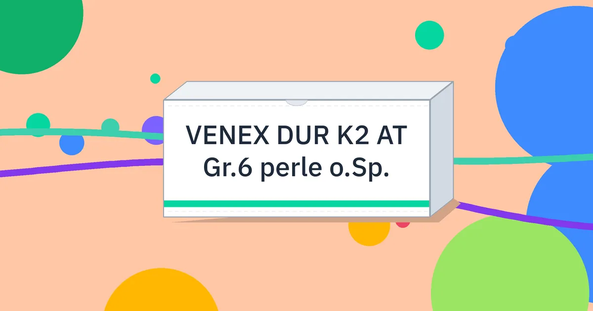 Symbolbild: Packung mit der Aufschrift VENEX DUR K2 AT Gr.6 perle o.Sp. (PZN 03223309) – Verfügbarkeit und Bezug in Apotheken in Frankfurt am Main
