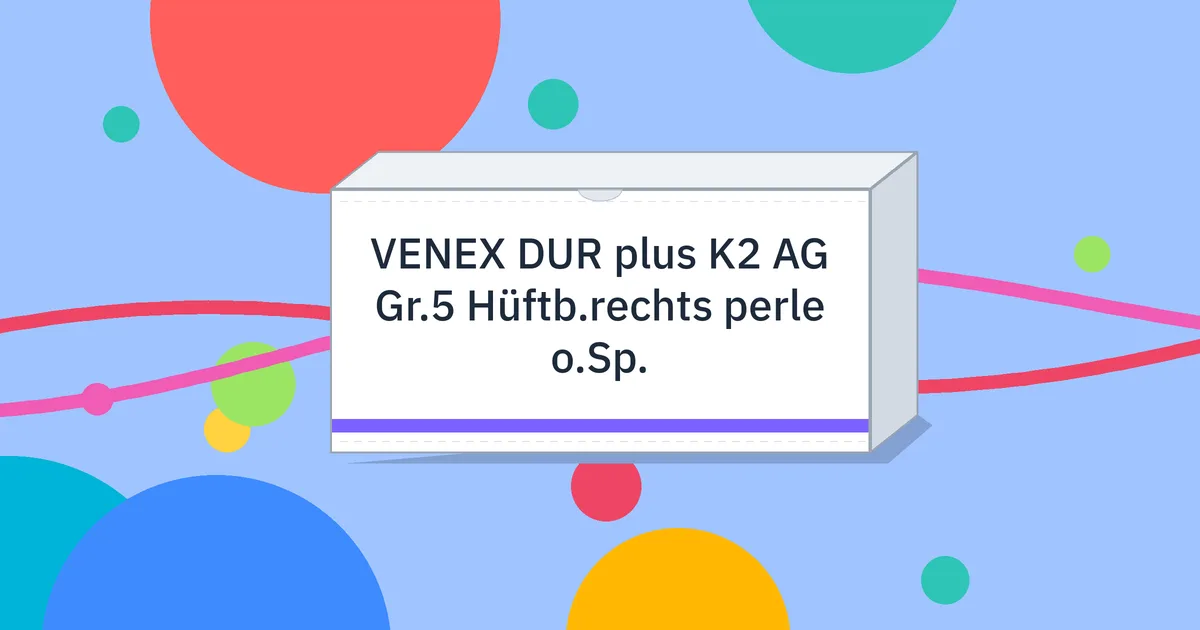 Symbolbild: Packung mit der Aufschrift VENEX DUR plus K2 AG Gr.5 Hüftb.rechts perle o.Sp. (PZN 03242057) – Verfügbarkeit und Bezug in Apotheken in Frankfurt am Main