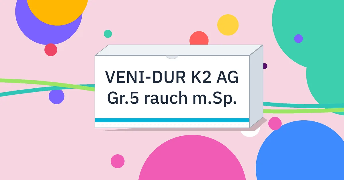 Symbolbild: Packung mit der Aufschrift VENI-DUR K2 AG Gr.5 rauch m.Sp. (PZN 08685167) – Verfügbarkeit und Bezug in Apotheken in Frankfurt am Main