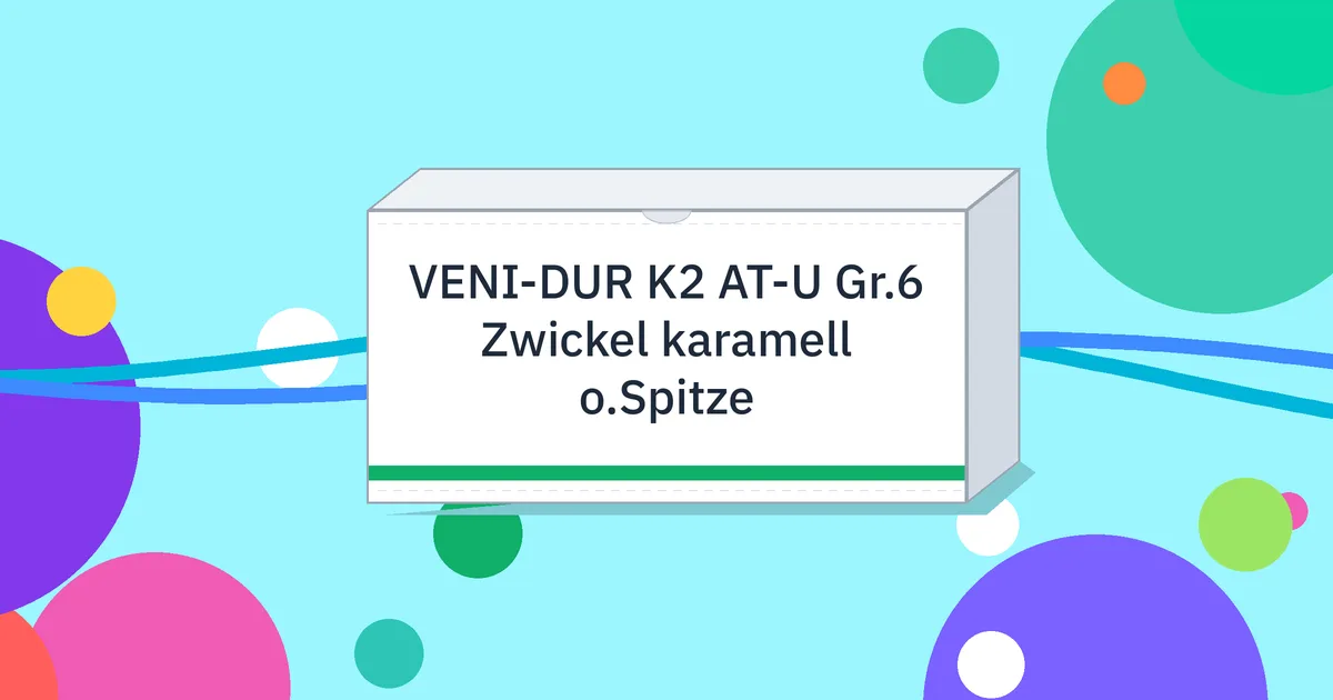 Symbolbild: Packung mit der Aufschrift VENI-DUR K2 AT-U Gr.6 Zwickel karamell o.Spitze (PZN 13759034) – Verfügbarkeit und Bezug in Apotheken in Frankfurt am Main