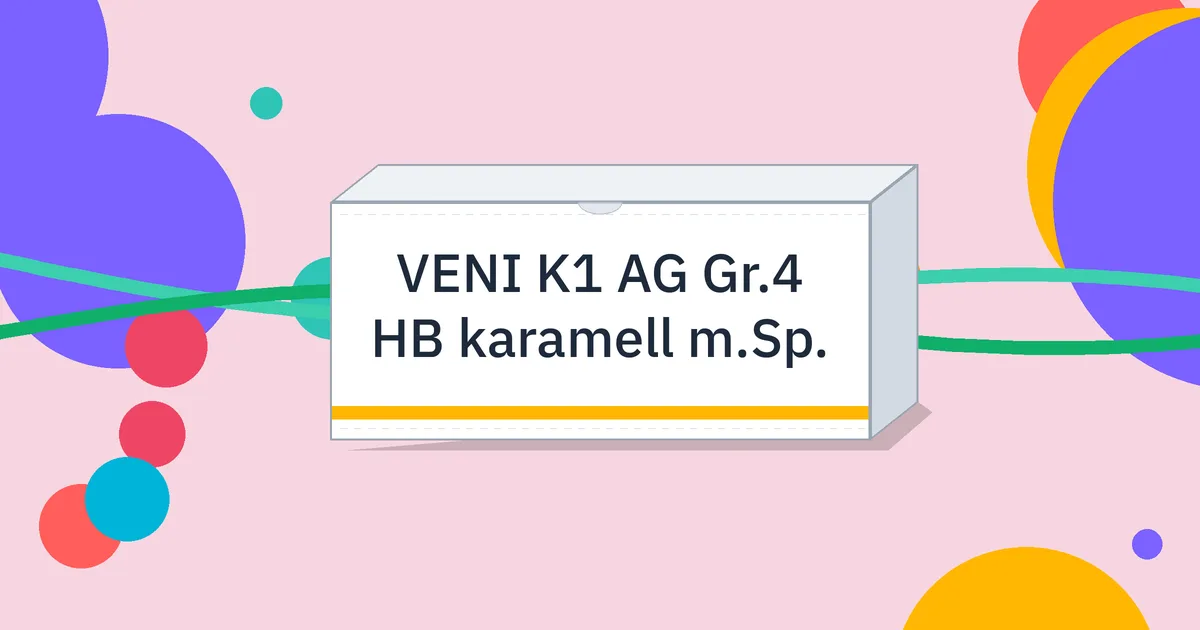Symbolbild: Packung mit der Aufschrift VENI K1 AG Gr.4 HB karamell m.Sp. (PZN 13756395) – Verfügbarkeit und Bezug in Apotheken in Frankfurt am Main