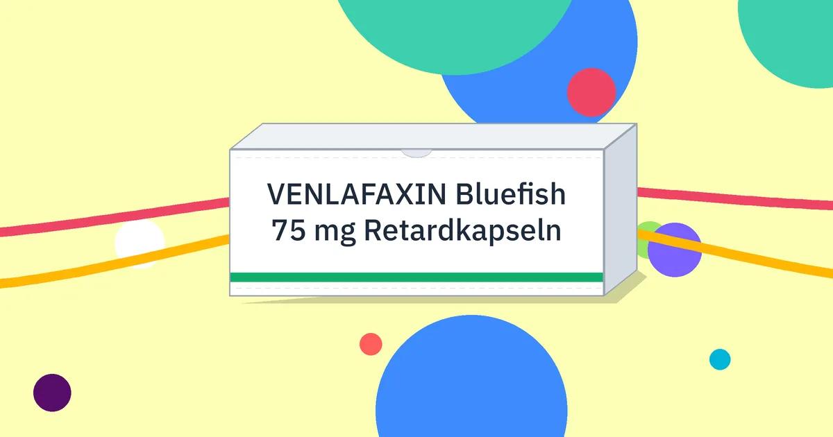 Symbolbild: Packung mit der Aufschrift VENLAFAXIN Bluefish 75 mg Retardkapseln (PZN 01997900) – Verfügbarkeit und Bezug in Apotheken in Frankfurt am Main
