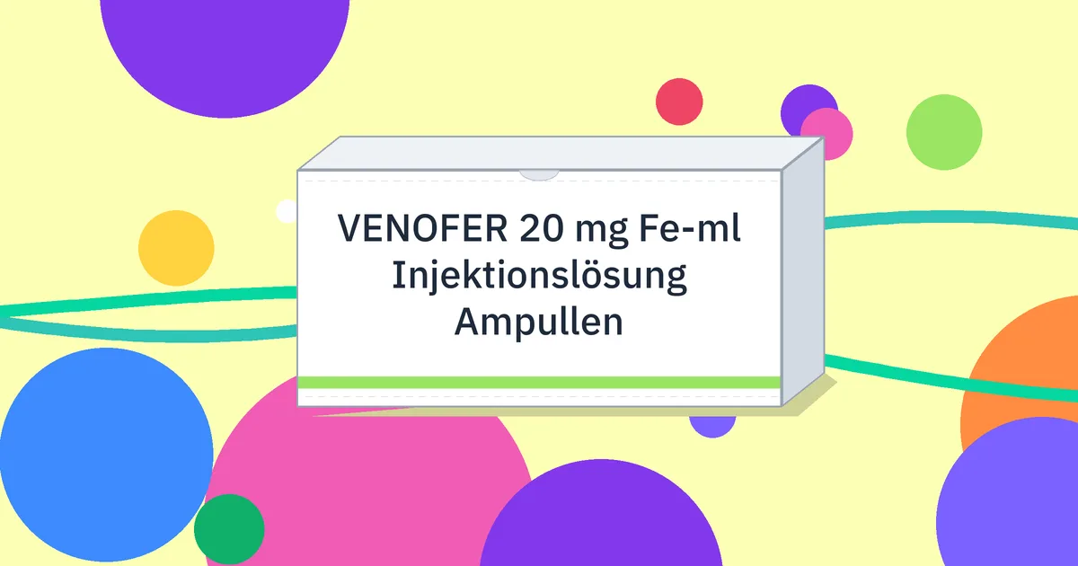 Symbolbild: Packung mit der Aufschrift VENOFER 20 mg Fe-ml Injektionslösung Ampullen (PZN 08824893) – Verfügbarkeit und Bezug in Apotheken in Frankfurt am Main