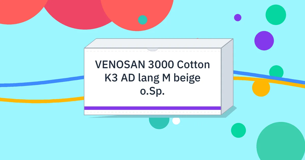 Symbolbild: Packung mit der Aufschrift VENOSAN 3000 Cotton K3 AD lang M beige o.Sp. (PZN 14421610) – Verfügbarkeit und Bezug in Apotheken in Frankfurt am Main