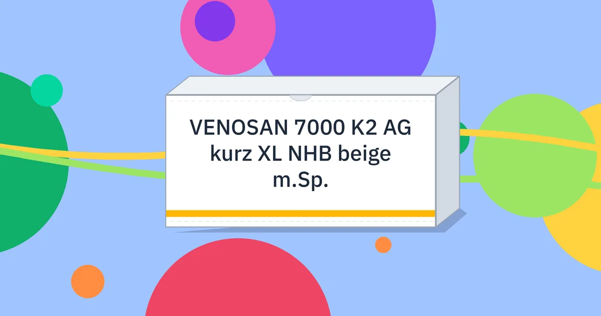 Symbolbild: Packung mit der Aufschrift VENOSAN 7000 K2 AG kurz XL NHB beige m.Sp. (PZN 14434920) – Verfügbarkeit und Bezug in Apotheken in Frankfurt am Main