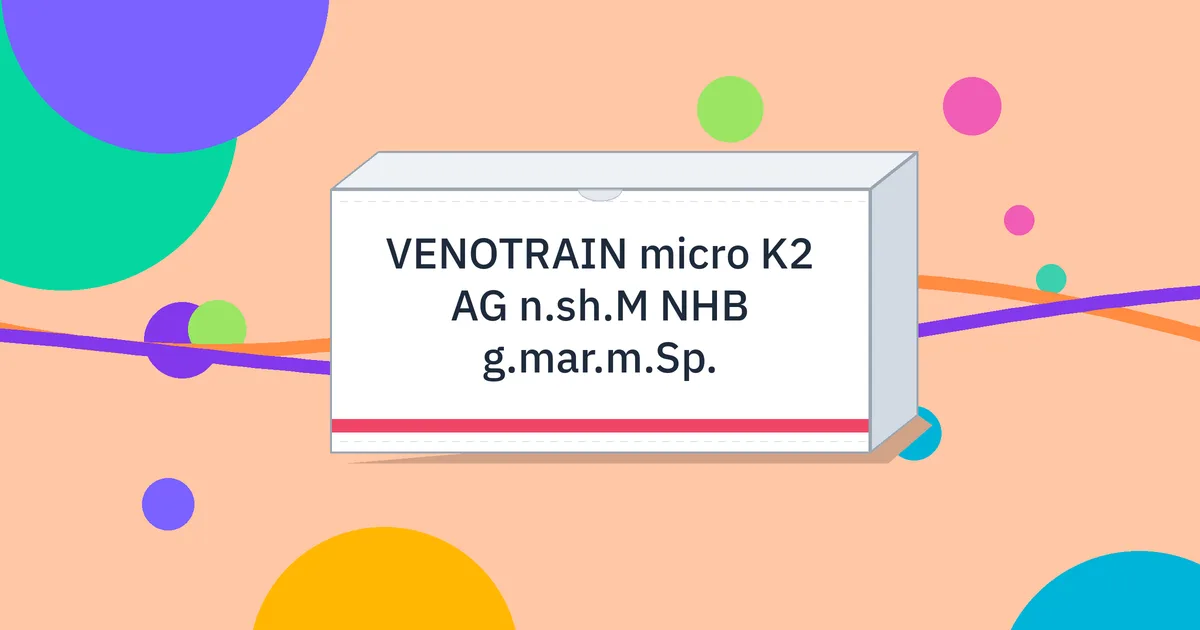 Symbolbild: Packung mit der Aufschrift VENOTRAIN micro K2 AG n.sh.M NHB g.mar.m.Sp. (PZN 04647313) – Verfügbarkeit und Bezug in Apotheken in Frankfurt am Main