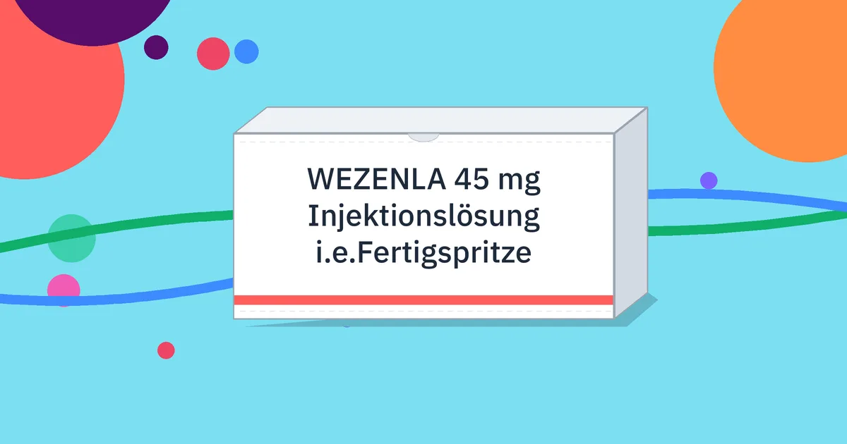 Symbolbild: Packung mit der Aufschrift WEZENLA 45 mg Injektionslösung i.e.Fertigspritze (PZN 19680291) – Verfügbarkeit und Bezug in Apotheken in Frankfurt am Main