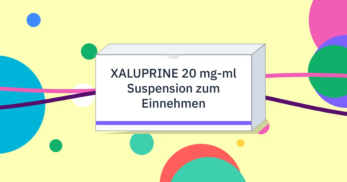 Symbolbild: Packung mit der Aufschrift XALUPRINE 20 mg-ml Suspension zum Einnehmen (PZN 17205640) – Verfügbarkeit und Bezug in Apotheken in Frankfurt am Main