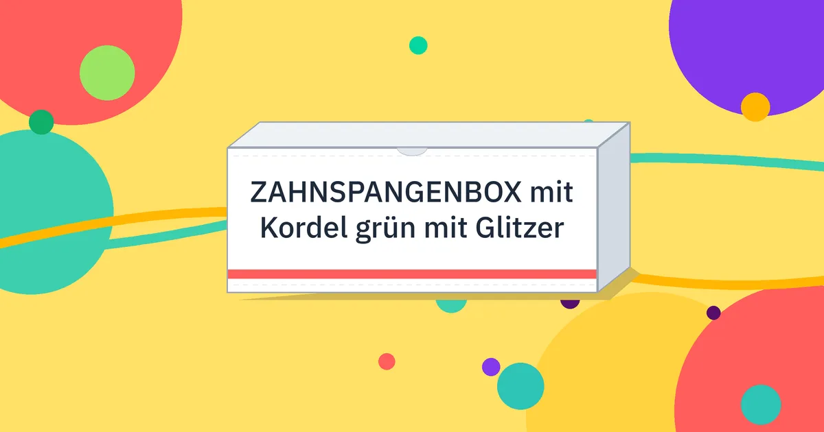 Symbolbild: Packung mit der Aufschrift ZAHNSPANGENBOX mit Kordel grün mit Glitzer (PZN 10988260) – Verfügbarkeit und Bezug in Apotheken in Frankfurt am Main
