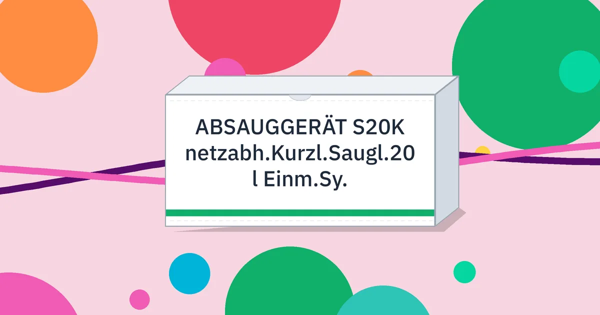 Symbolbild: Packung mit der Aufschrift ABSAUGGERÄT S20K netzabh.Kurzl.Saugl.20 l Einm.Sy. (PZN 00769060) – Verfügbarkeit und Bezug in Apotheken in Frankfurt am Main