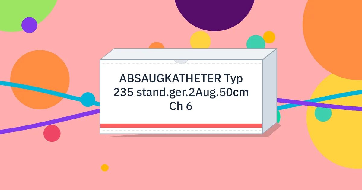 Symbolbild: Packung mit der Aufschrift ABSAUGKATHETER Typ 235 stand.ger.2Aug.50cm Ch 6 (PZN 16598927) – Verfügbarkeit und Bezug in Apotheken in Frankfurt am Main