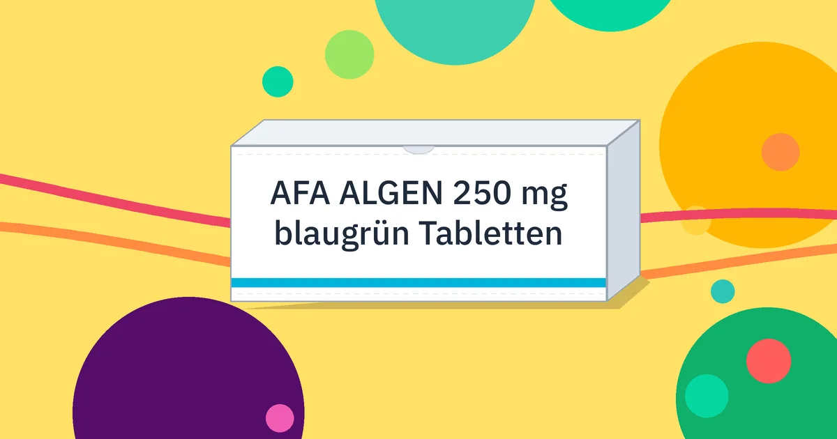 Symbolbild: Packung mit der Aufschrift AFA ALGEN 250 mg blaugrün Tabletten (PZN 00744456) – Verfügbarkeit und Bezug in Apotheken in Frankfurt am Main