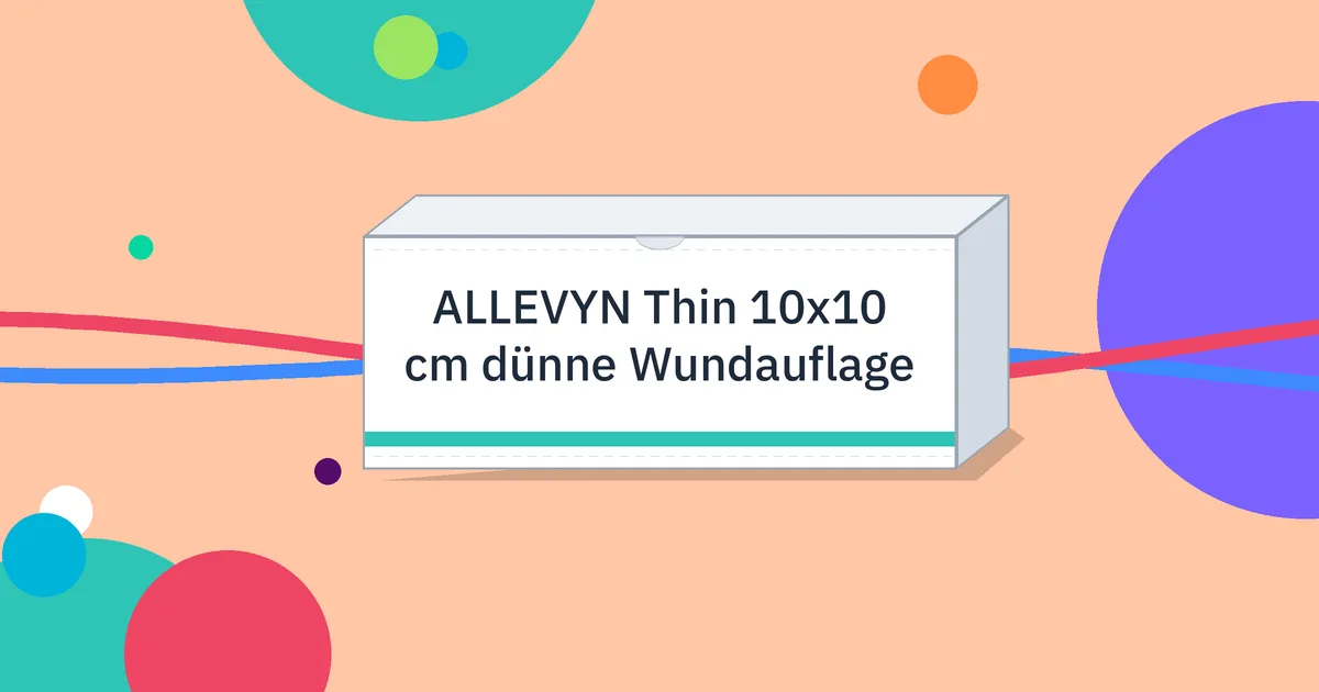 Symbolbild: Packung mit der Aufschrift ALLEVYN Thin 10x10 cm dünne Wundauflage (PZN 03488769) – Verfügbarkeit und Bezug in Apotheken in Frankfurt am Main