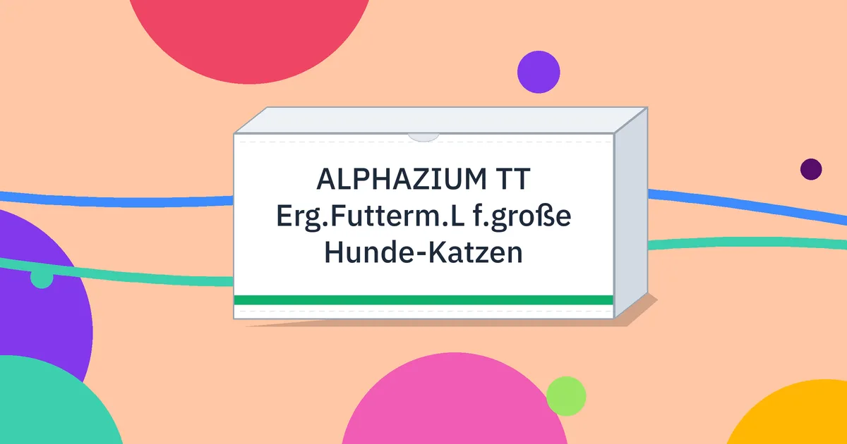 Symbolbild: Packung mit der Aufschrift ALPHAZIUM TT Erg.Futterm.L f.große Hunde-Katzen (PZN 19491733) – Verfügbarkeit und Bezug in Apotheken in Frankfurt am Main