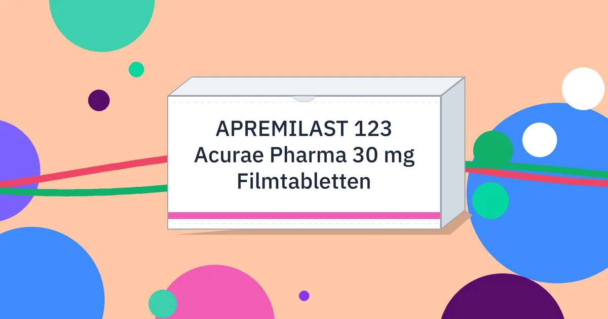 Symbolbild: Packung mit der Aufschrift APREMILAST 123 Acurae Pharma 30 mg Filmtabletten (PZN 20228544) – Verfügbarkeit und Bezug in Apotheken in Frankfurt am Main