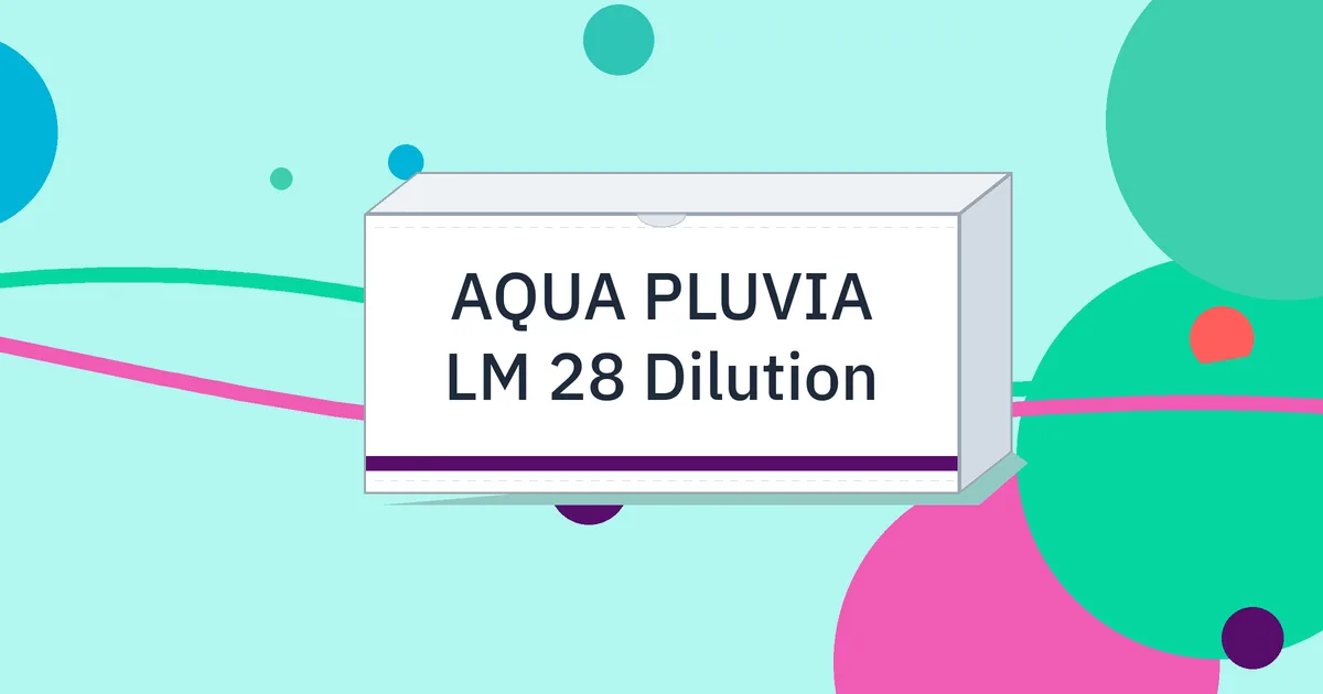 Symbolbild: Packung mit der Aufschrift AQUA PLUVIA LM 28 Dilution (PZN 12766150) – Verfügbarkeit und Bezug in Apotheken in Frankfurt am Main