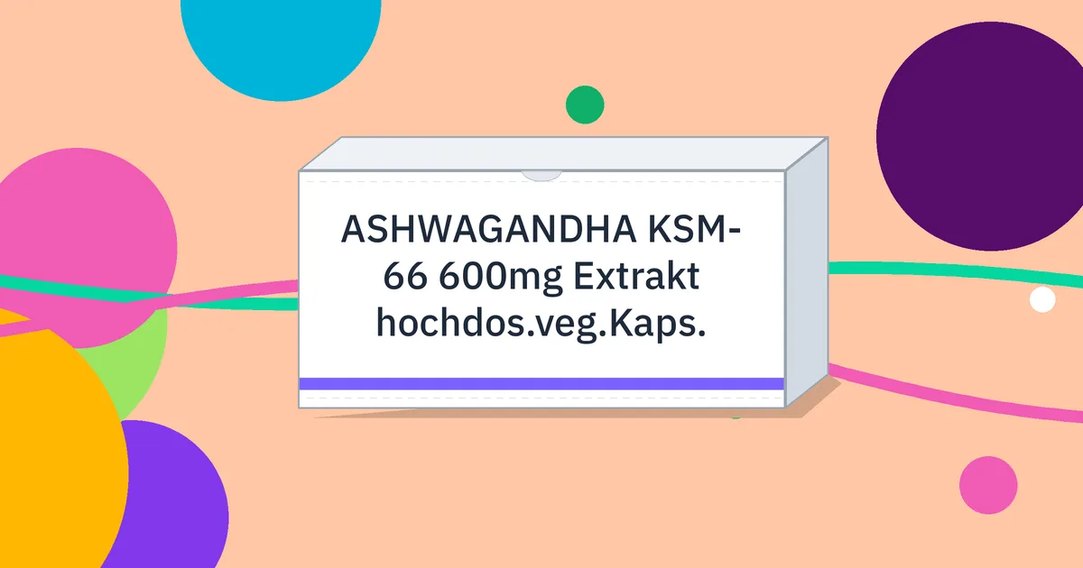 Symbolbild: Packung mit der Aufschrift ASHWAGANDHA KSM-66 600mg Extrakt hochdos.veg.Kaps. (PZN 20038134) – Verfügbarkeit und Bezug in Apotheken in Frankfurt am Main