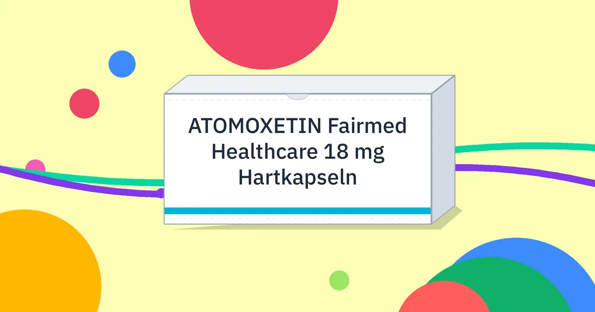 Symbolbild: Packung mit der Aufschrift ATOMOXETIN Fairmed Healthcare 18 mg Hartkapseln (PZN 16581453) – Verfügbarkeit und Bezug in Apotheken in Frankfurt am Main