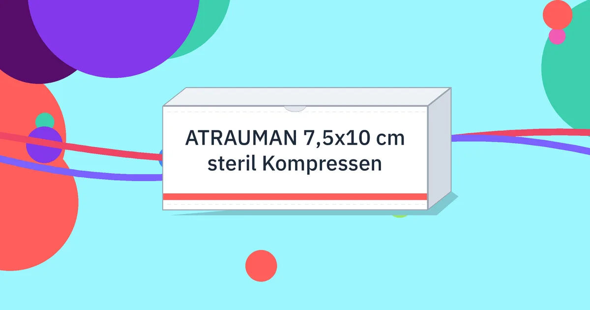 Symbolbild: Packung mit der Aufschrift ATRAUMAN 7,5x10 cm steril Kompressen (PZN 16515798) – Verfügbarkeit und Bezug in Apotheken in Frankfurt am Main