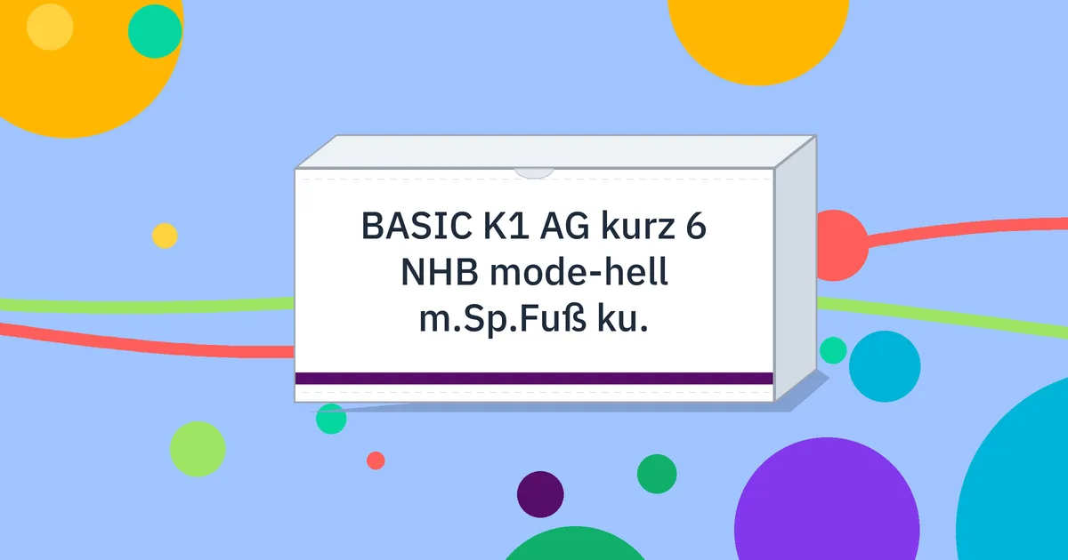 Symbolbild: Packung mit der Aufschrift BASIC K1 AG kurz 6 NHB mode-hell m.Sp.Fuß ku. (PZN 20261820) – Verfügbarkeit und Bezug in Apotheken in Frankfurt am Main