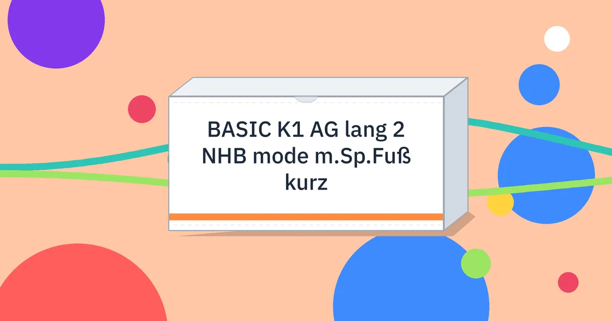 Symbolbild: Packung mit der Aufschrift BASIC K1 AG lang 2 NHB mode m.Sp.Fuß kurz (PZN 20260186) – Verfügbarkeit und Bezug in Apotheken in Frankfurt am Main