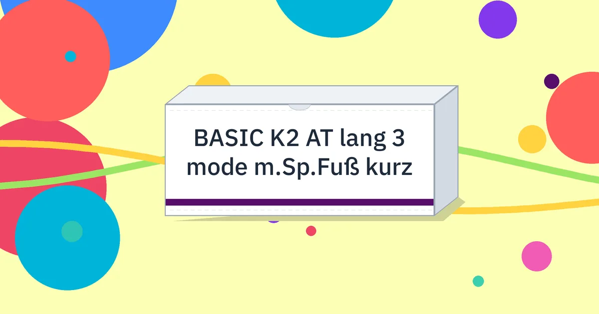 Symbolbild: Packung mit der Aufschrift BASIC K2 AT lang 3 mode m.Sp.Fuß kurz (PZN 20269247) – Verfügbarkeit und Bezug in Apotheken in Frankfurt am Main