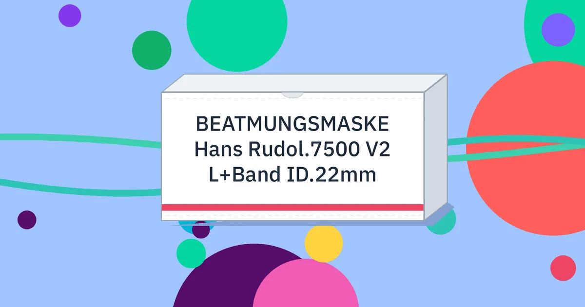 Symbolbild: Packung mit der Aufschrift BEATMUNGSMASKE Hans Rudol.7500 V2 L+Band ID.22mm (PZN 17303265) – Verfügbarkeit und Bezug in Apotheken in Frankfurt am Main