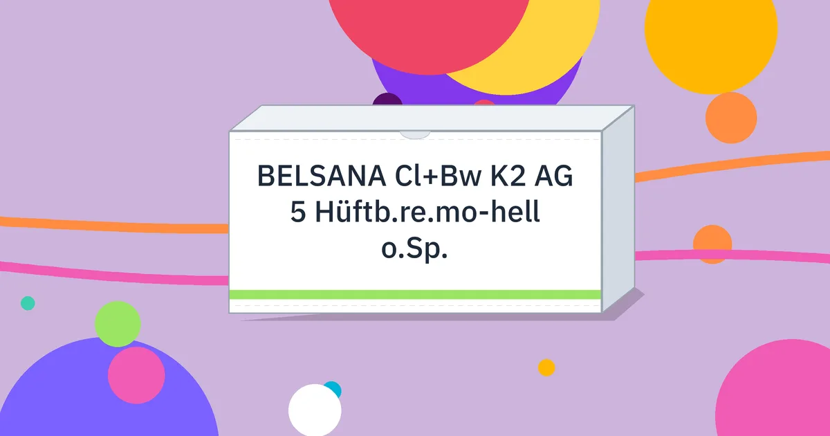 Symbolbild: Packung mit der Aufschrift BELSANA Cl+Bw K2 AG 5 Hüftb.re.mo-hell o.Sp. (PZN 12255024) – Verfügbarkeit und Bezug in Apotheken in Frankfurt am Main